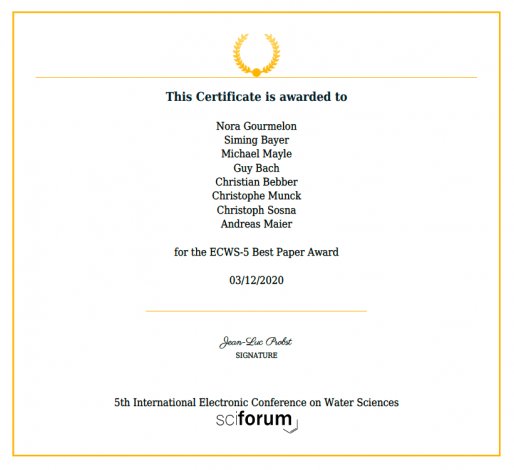 Best Paper Award at the 5th International Electronic Conference on Water Sciences for ...